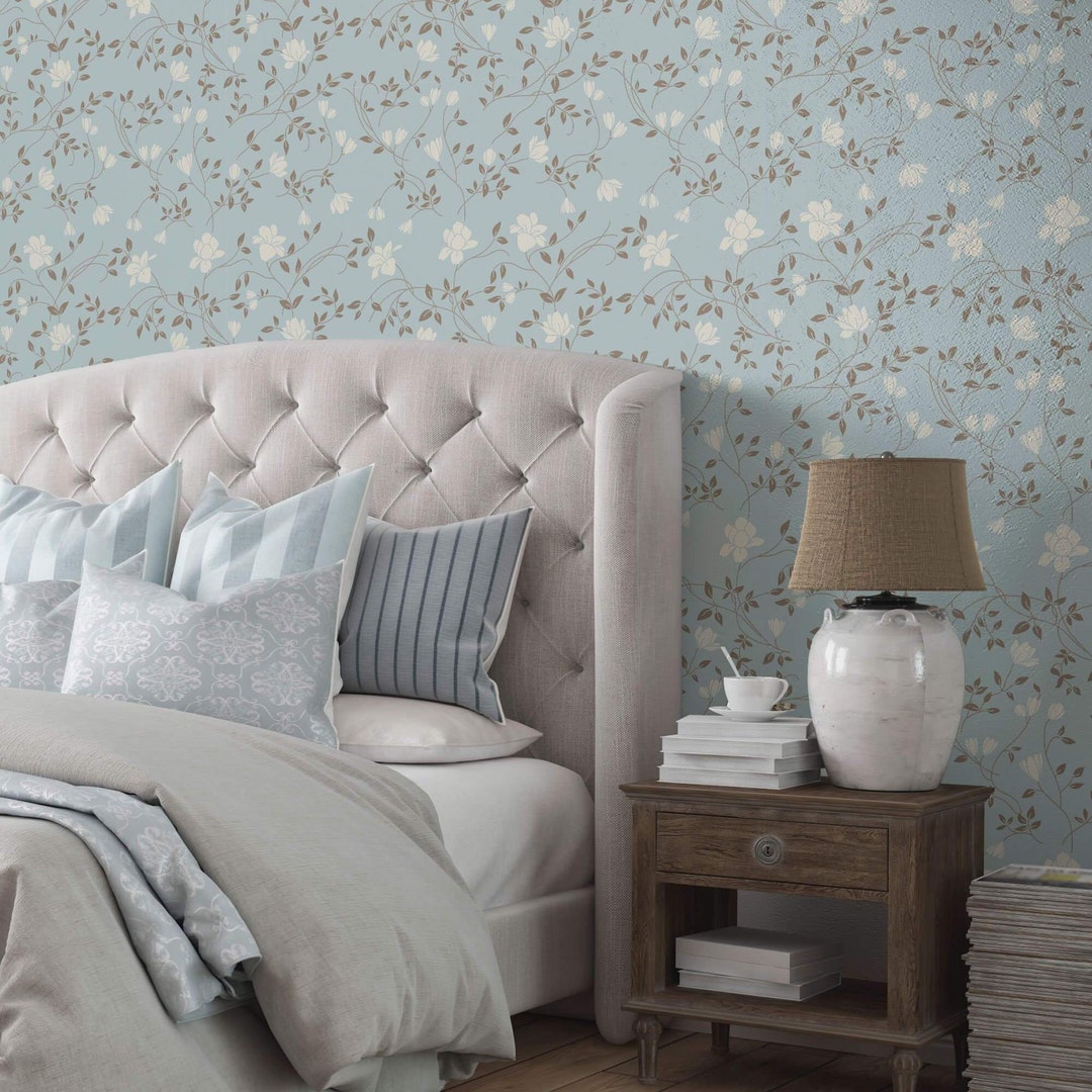 Blue Floral Peel and Stick Removable Wallpaper 4338 - Etsy