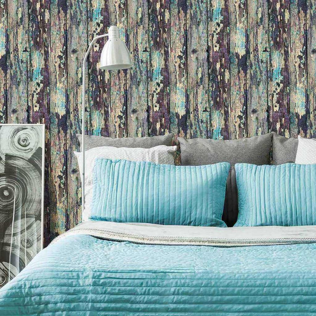 Aqua and Purple Rustic Wood Texture Peel and Stick Removable Wallpaper ...