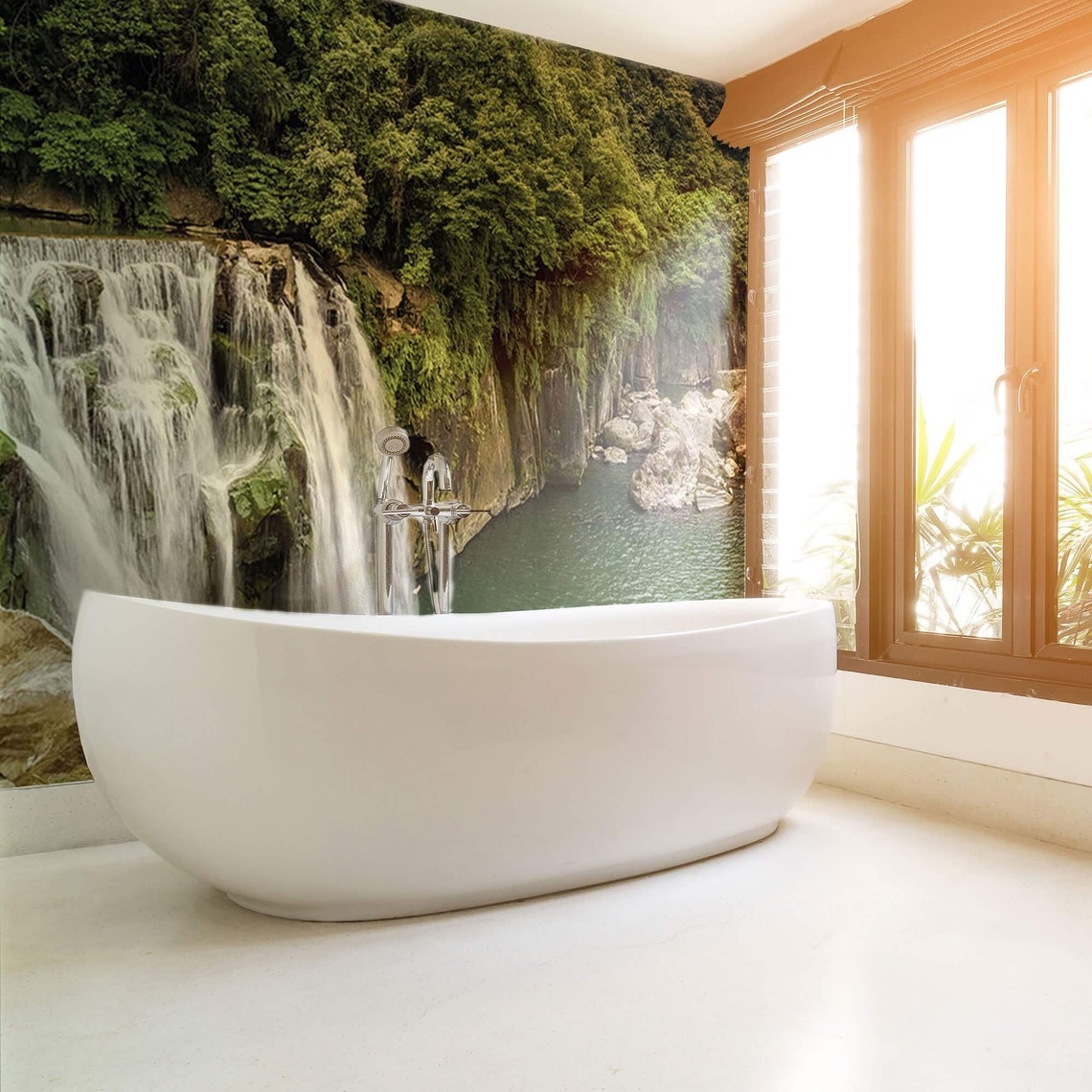 Green Brown Waterfall Landscape Peel and Stick Removable Wall Mural ...