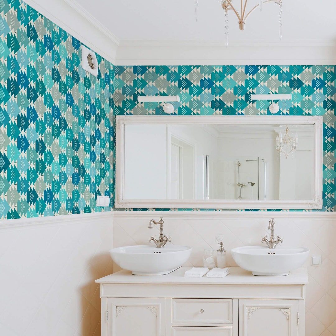 Green and Silver Fish Nautical Peel and Stick Removable Wallpaper 7151 ...