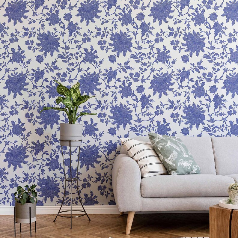 Blue Flowers Peel and Stick Removable Wallpaper 8546 - Etsy