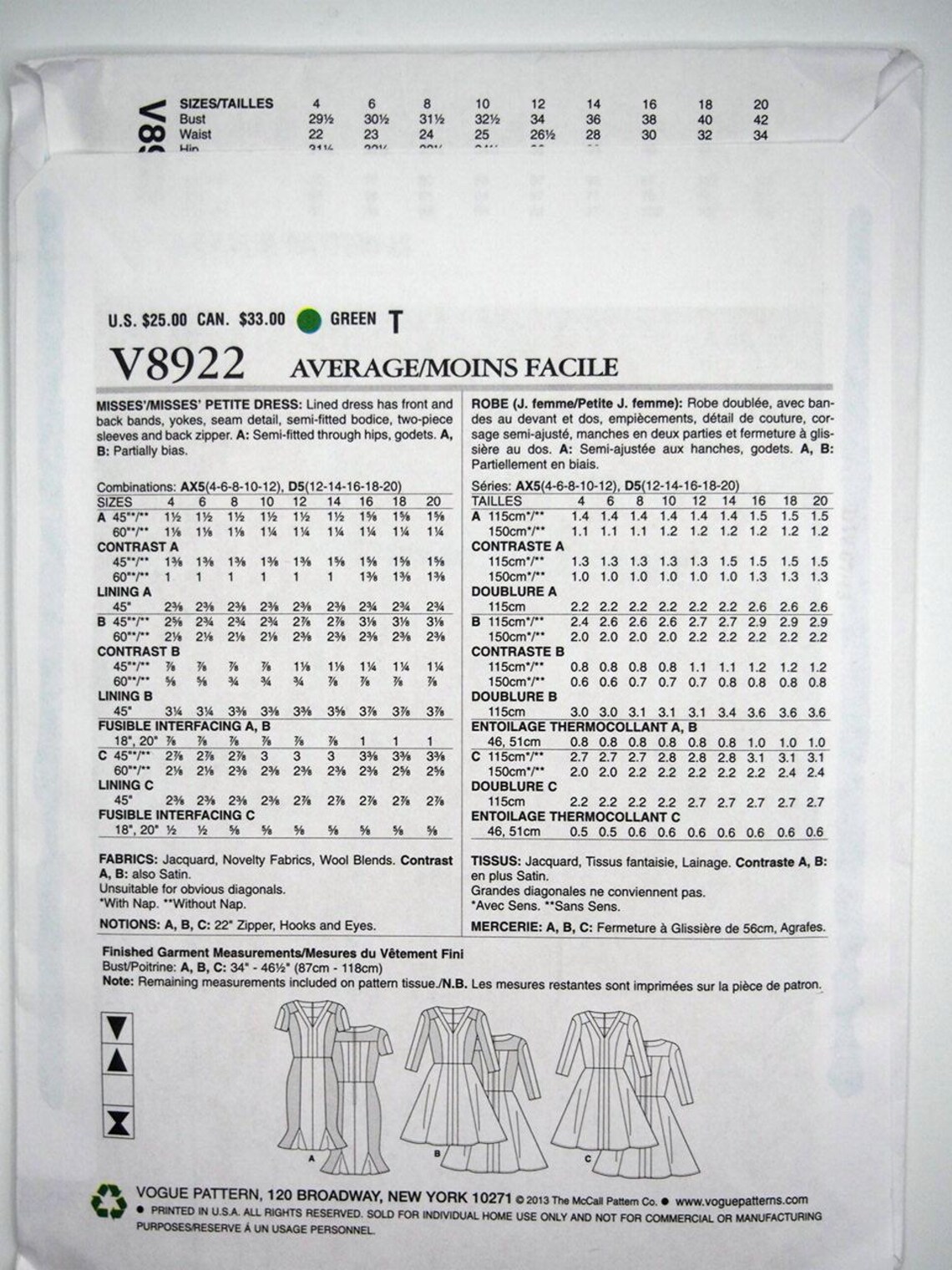Vogue 8922, Lined Dress With Yoke, Multiple Insets and Skirt Variations ...