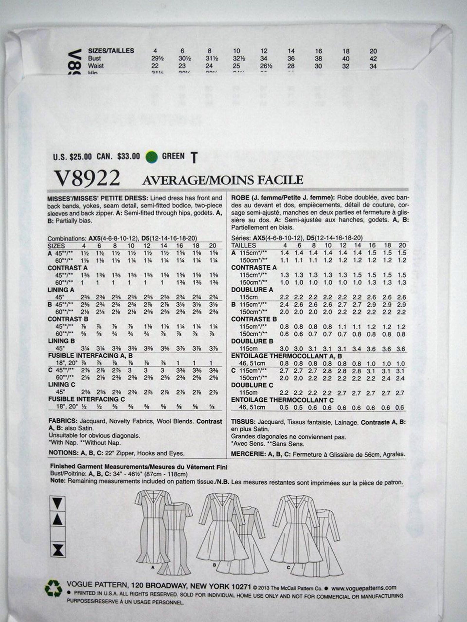 Vogue 8922, Lined Dress With Yoke, Multiple Insets and Skirt Variations ...