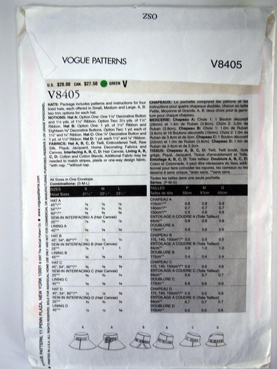 Vogue 8405, Wide-brim and Bucket Hats, Rare Pattern - Etsy