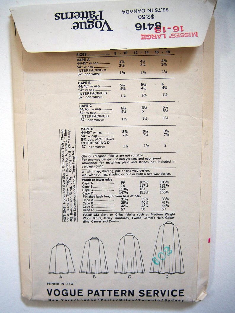 Vogue 8416, Cape With Toggle Closures or Zipper, in Various Lengths - Etsy