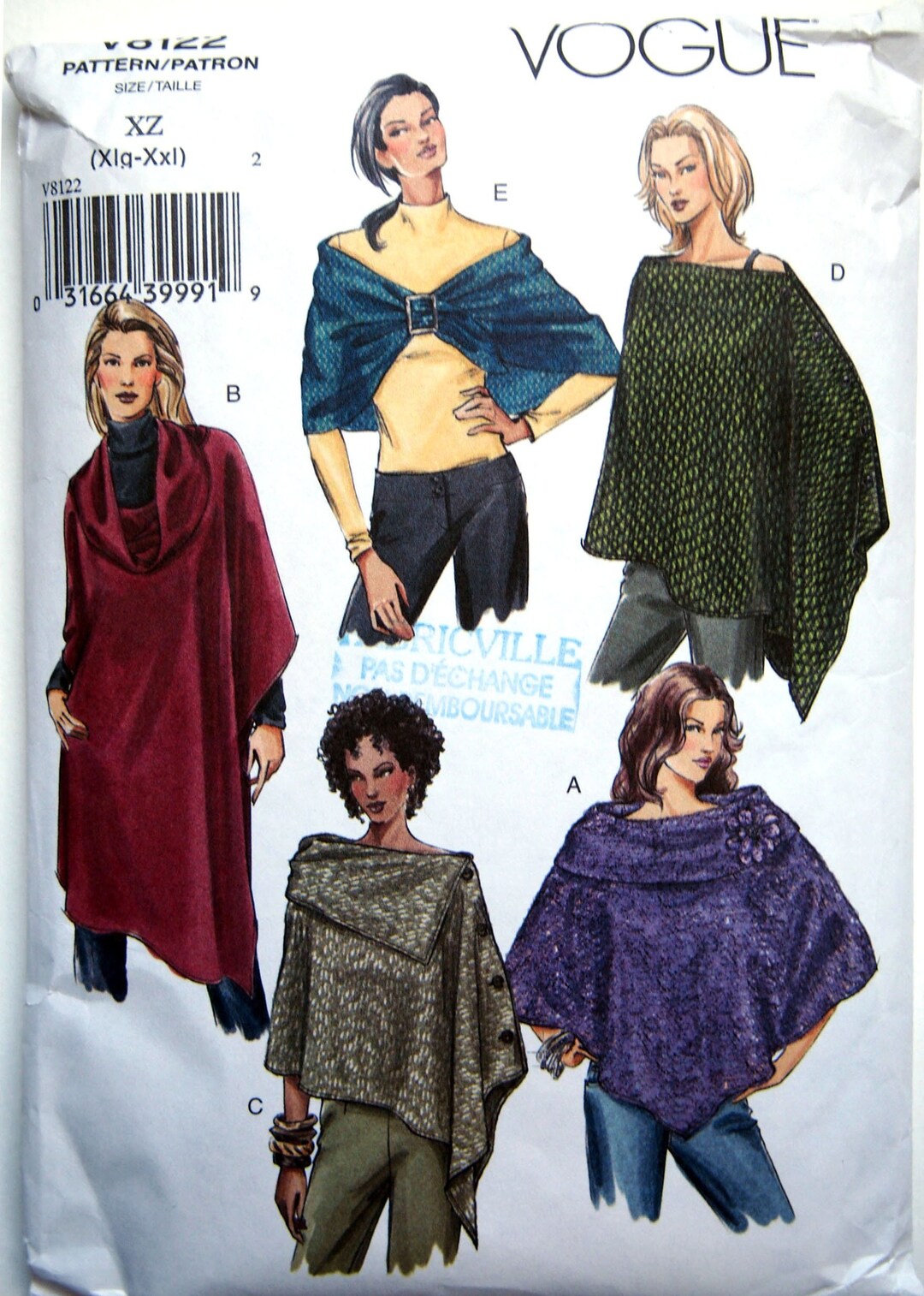 Vogue 8122, Unlined Ponchos, Capes and Self Lined Wrap, Plus Size - Etsy