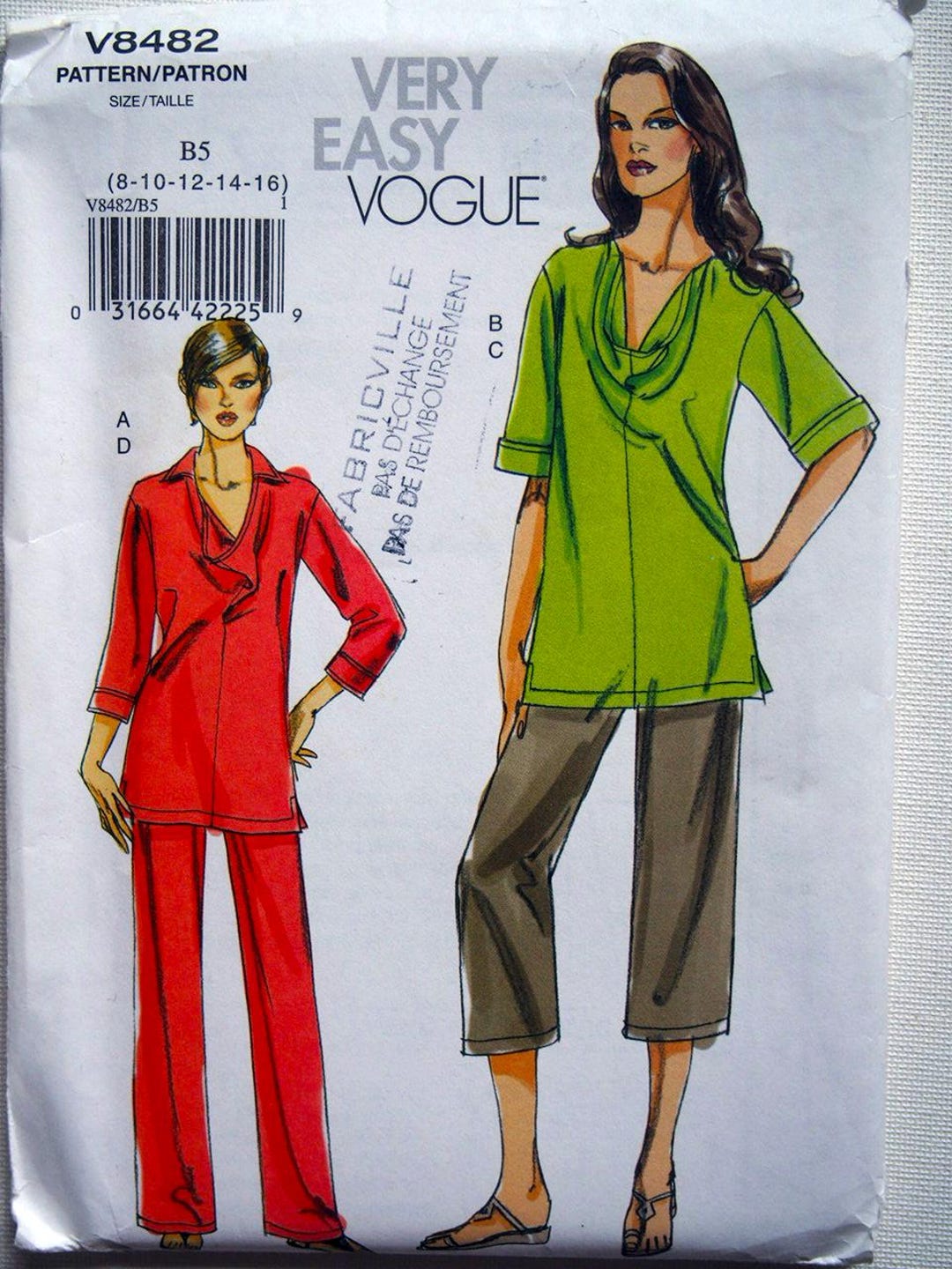 Vogue 8482, Woven Tunic With Cowl Neckline and Pull-on Pants, Very Easy ...