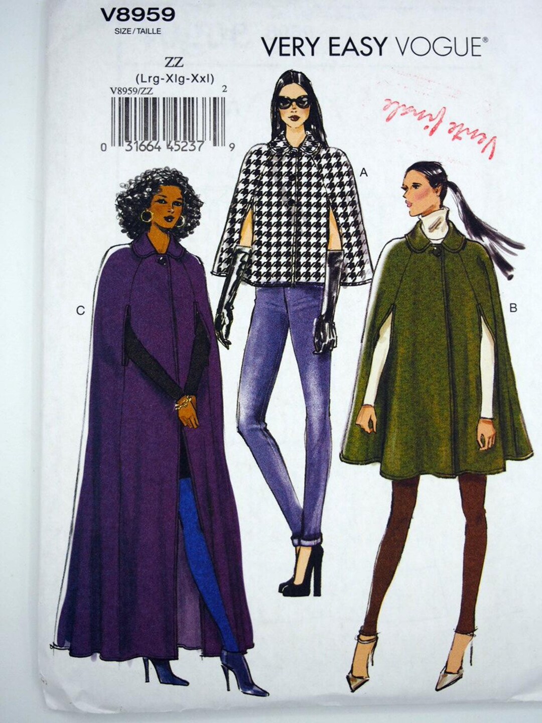 Vogue 8959, Simple Cape With Collar and One Button Closure - Etsy