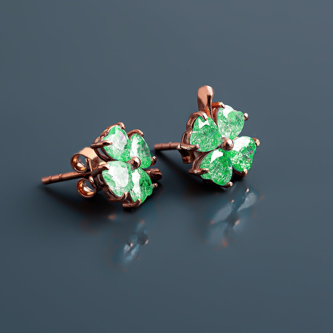 Green Four-leaf Clover Earrings, Rose Gold Earrings, Dainty Earrings ...