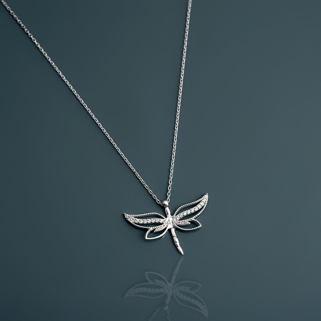The Dragonfly With Diamonds Silver Necklace for Women, 925 Sterling ...