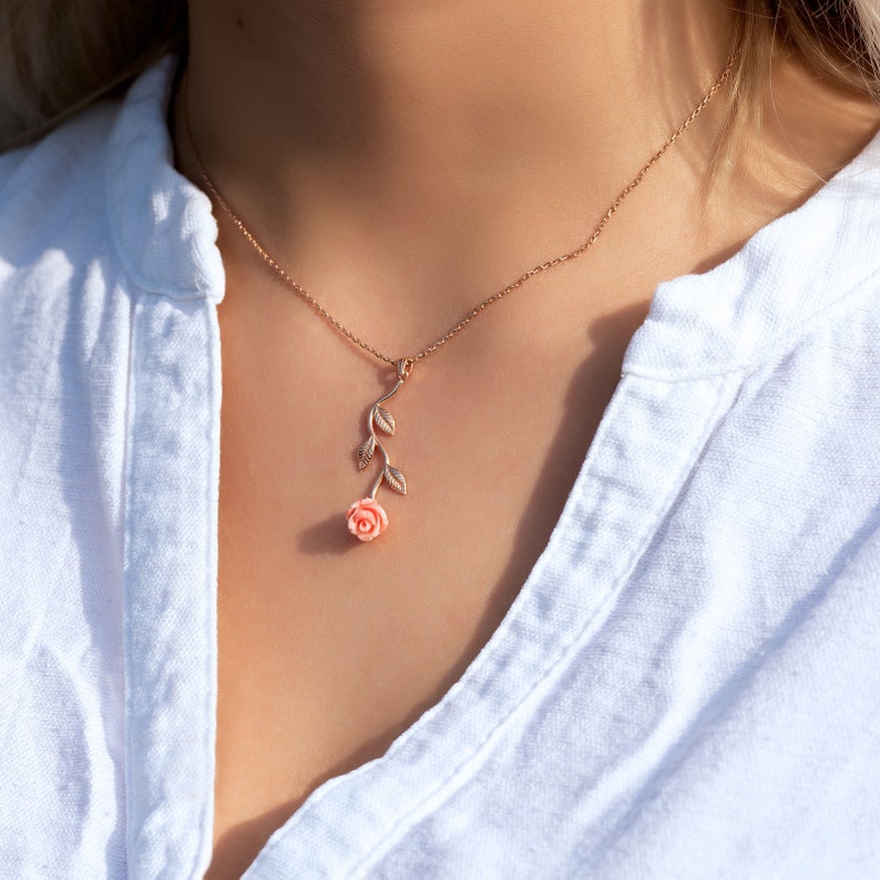Pink Rose Necklace for Women 925 Sterling Silver Birthday | Etsy