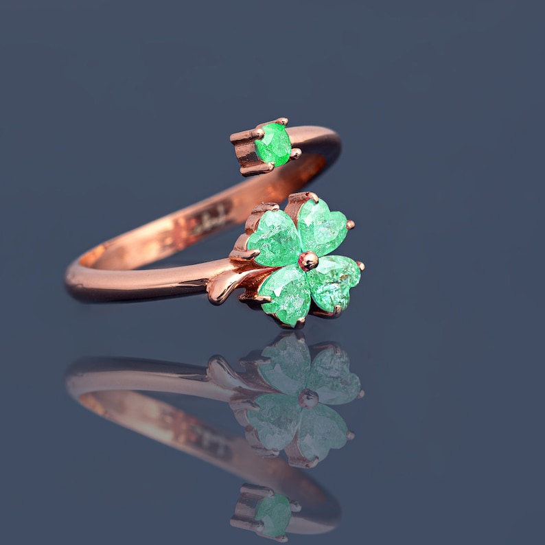 Green Clover Ring, Four-leaf Clover Ring, Rose Gold Silver Ring for ...