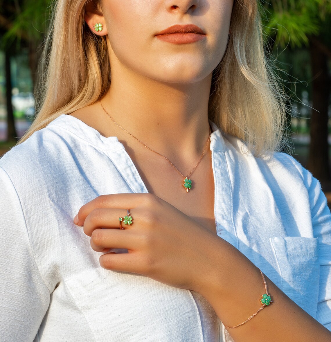 Green Clover Ring, Four-leaf Clover Ring, Rose Gold Silver Ring for ...