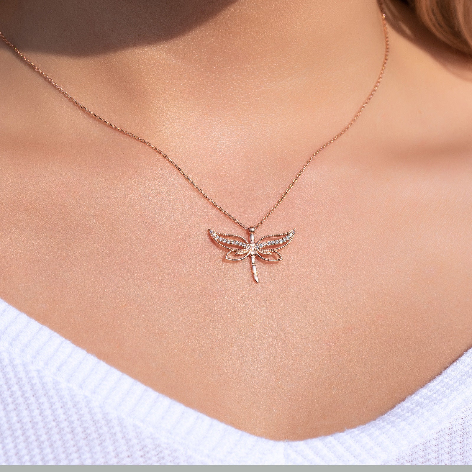 The Dragonfly With Diamonds Silver Necklace for Women, 925 Sterling ...