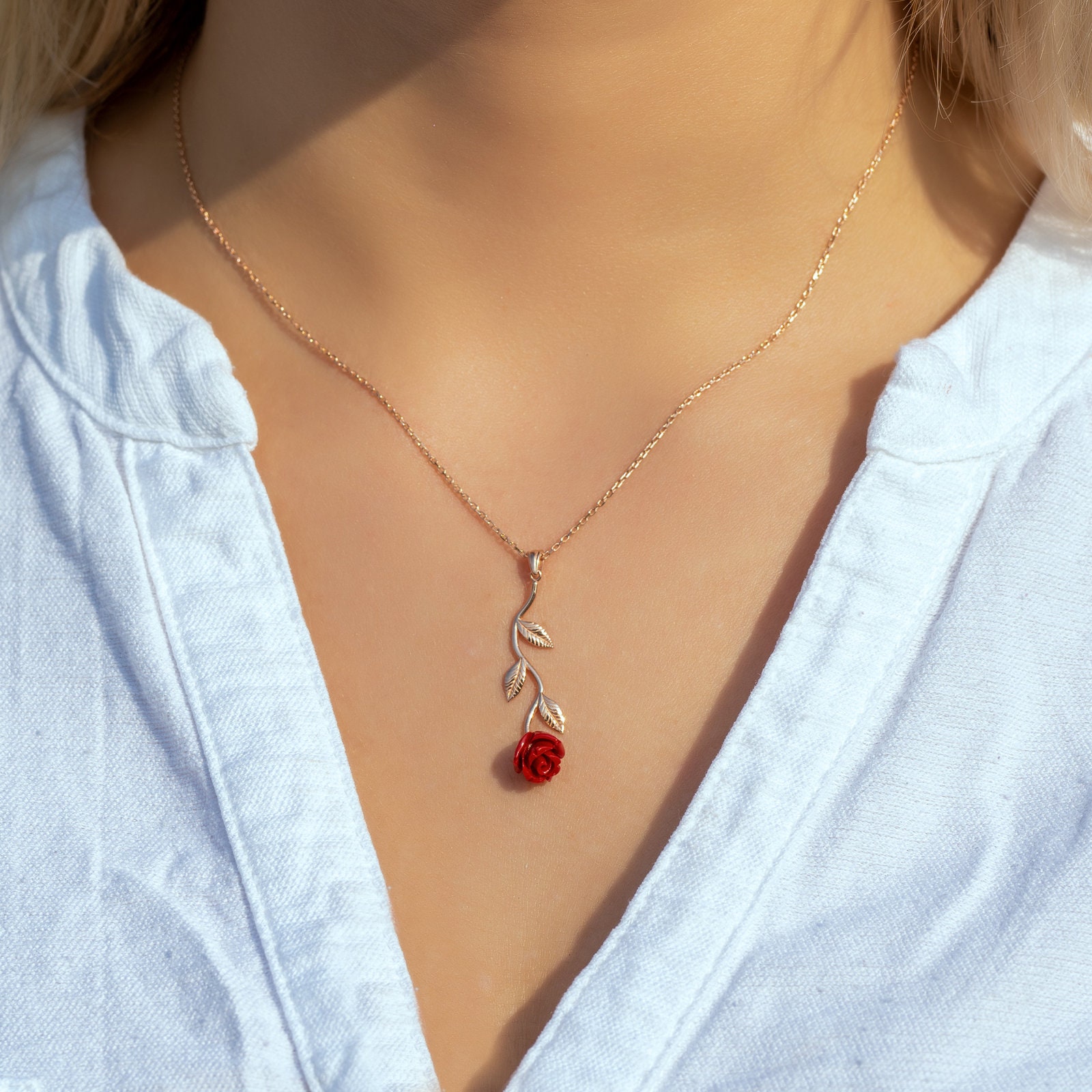 Red Rose Necklace for Women 925 Sterling Silver Birthday | Etsy