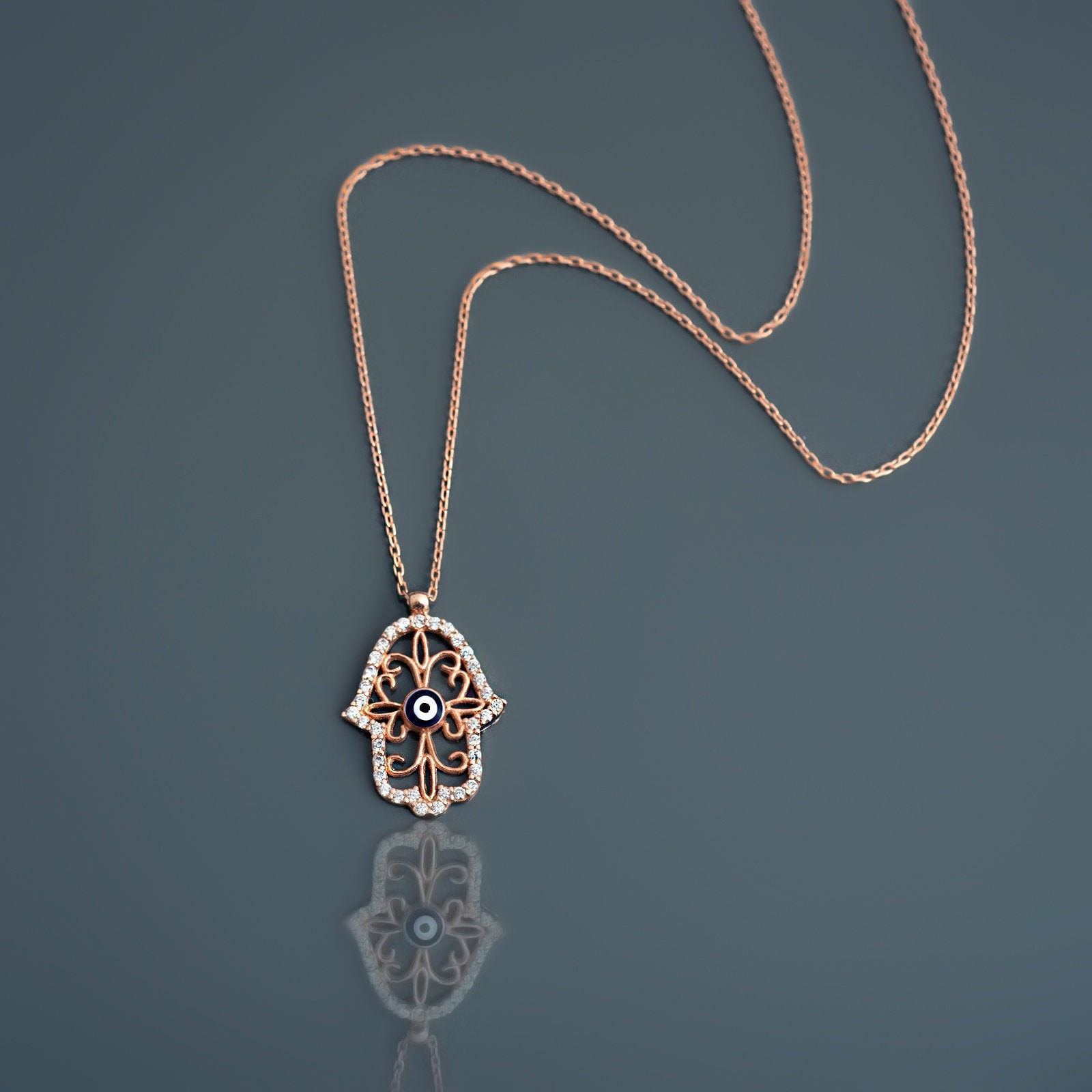 Fatima's Hand With Evil Eye Rose Gold Silver Necklace, 925 Sterling ...