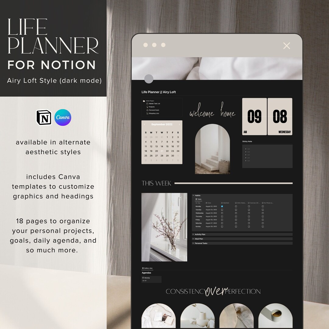 Aesthetic Life Notion Planner Airy Flat Style Dark Mode Aesthetic ...