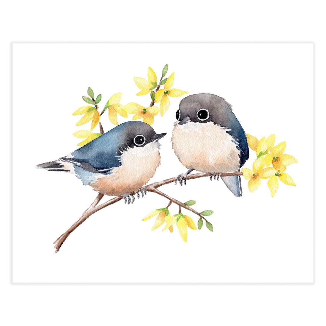 Two Nuthatches Art Print / Bird and Flower Watercolor / Bird Art Print ...