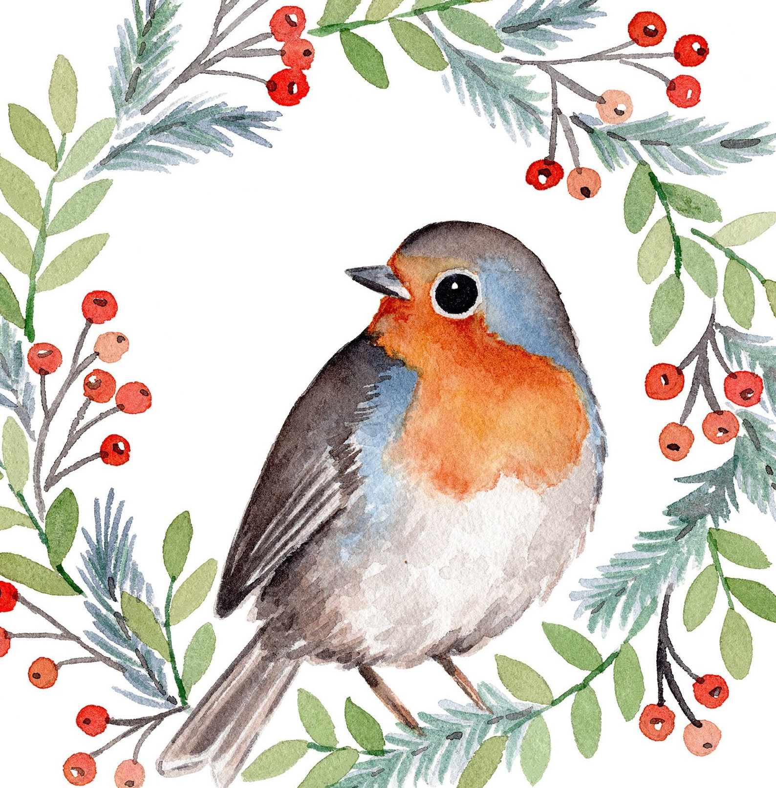 Wreath Robin Watercolor Art Print / Watercolor Robin Holiday Print ...