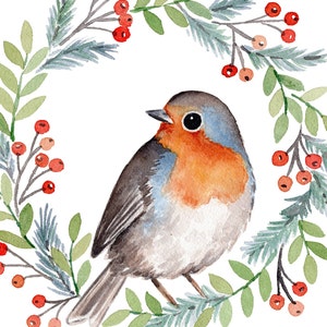 Wreath Robin Watercolor Art Print / Watercolor Robin Holiday Print ...