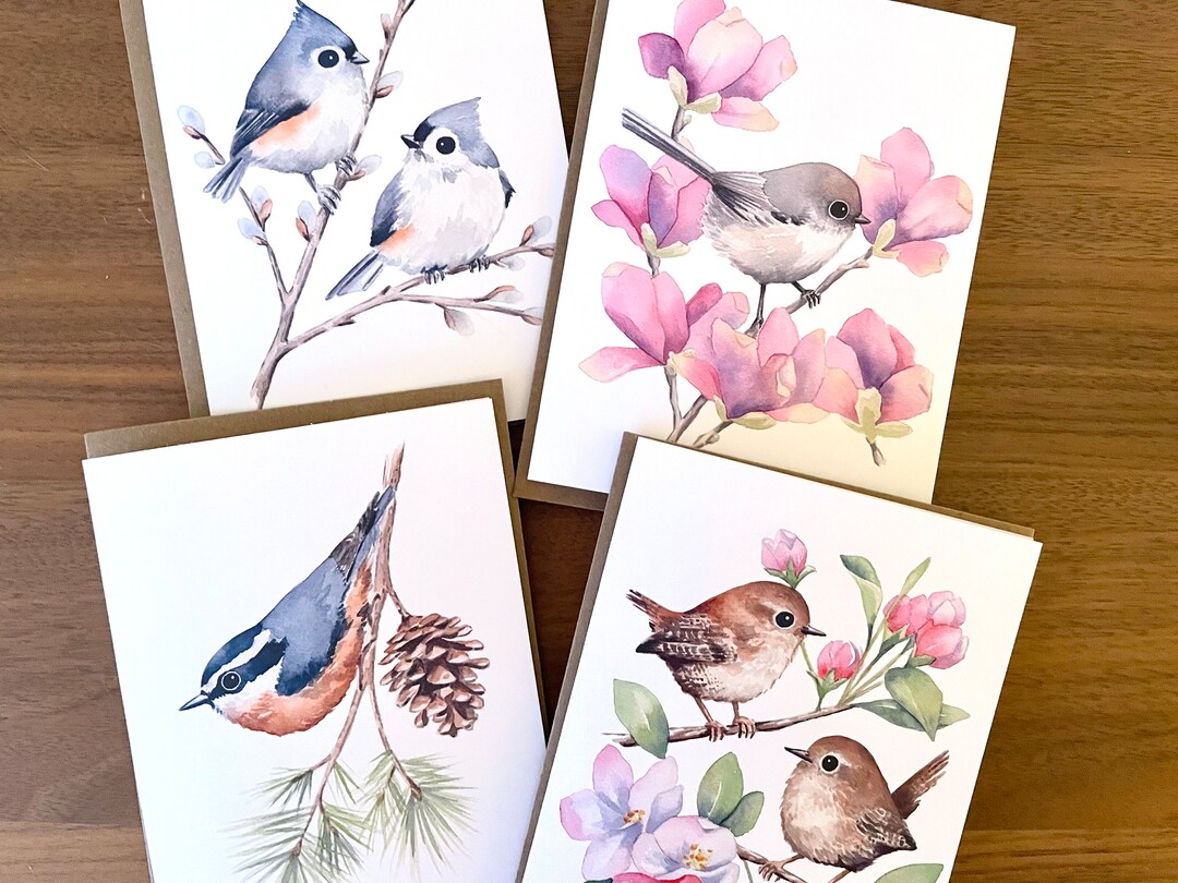 Set of 4 Illustrated Bird Cards / Bird Card Pack / Bird Bundle ...