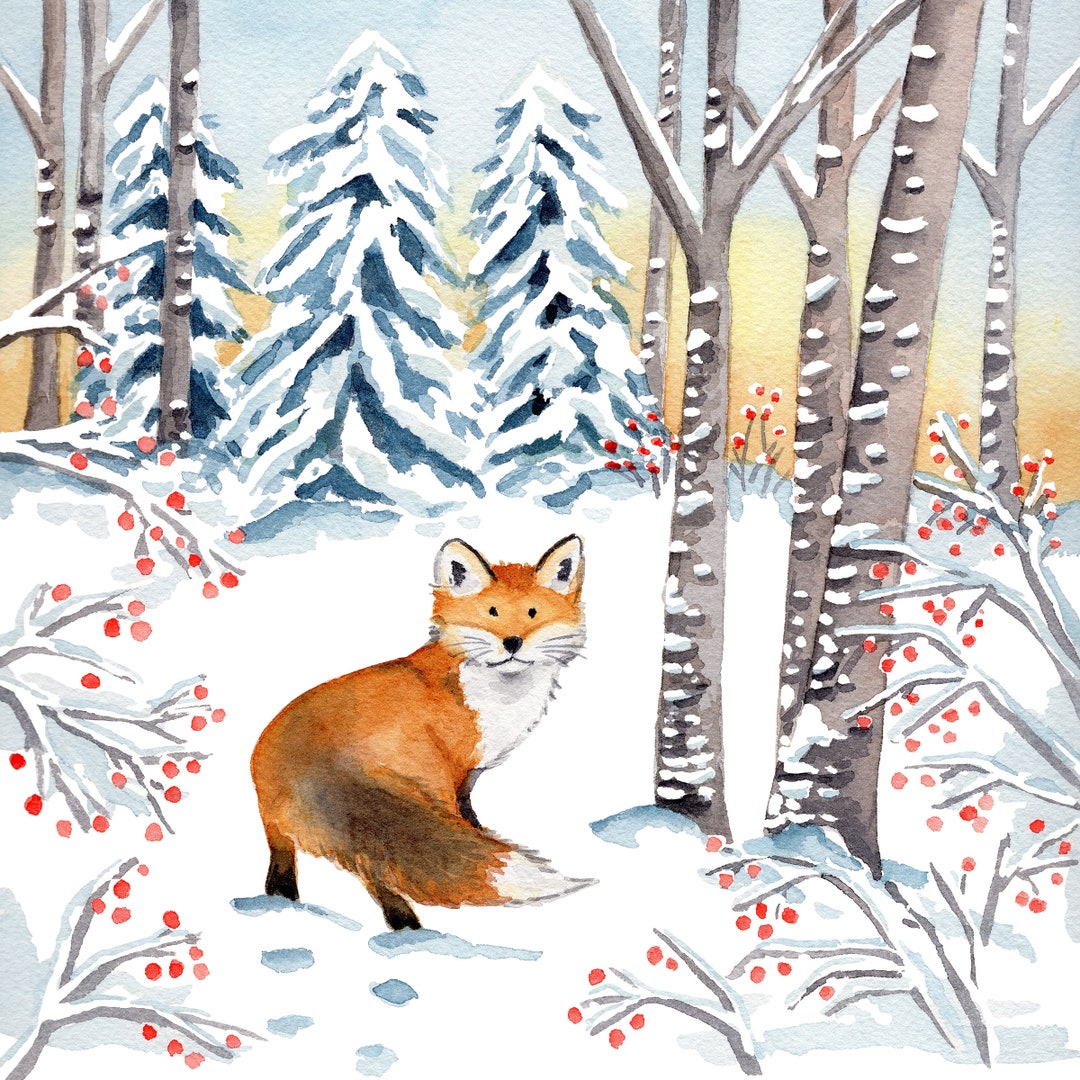 8" X 8" Winter Fox Watercolor Art Print / Fox Watercolor Illustration ...