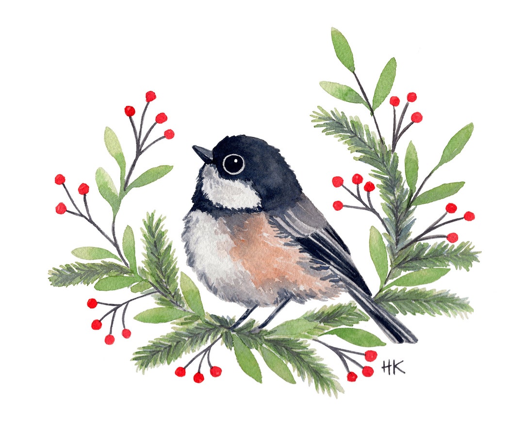 Winter Chickadee / Chickadee Art Print / Chickadee Art / Christmas Bird ...