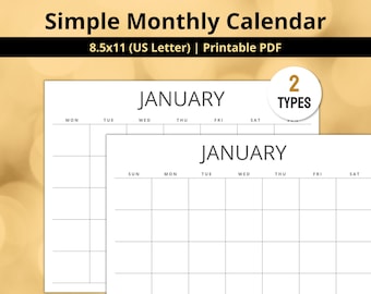 Blank Monthly Calendar: Minimalist Printable, Monday Start (digital ...