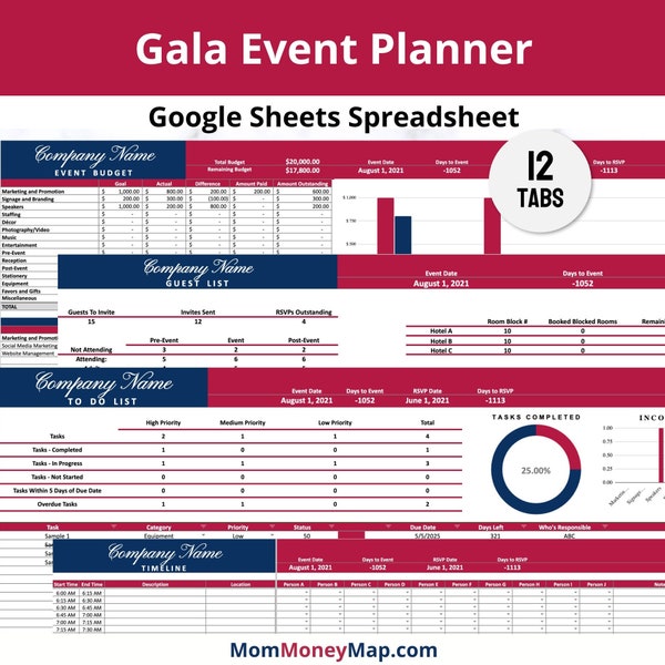 Gala Event Planner Google Sheets Spreadsheet Template for Fundraising ...
