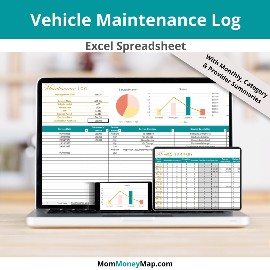 Vehicle Maintenance Log Excel Spreadsheet With Monthly, Category ...