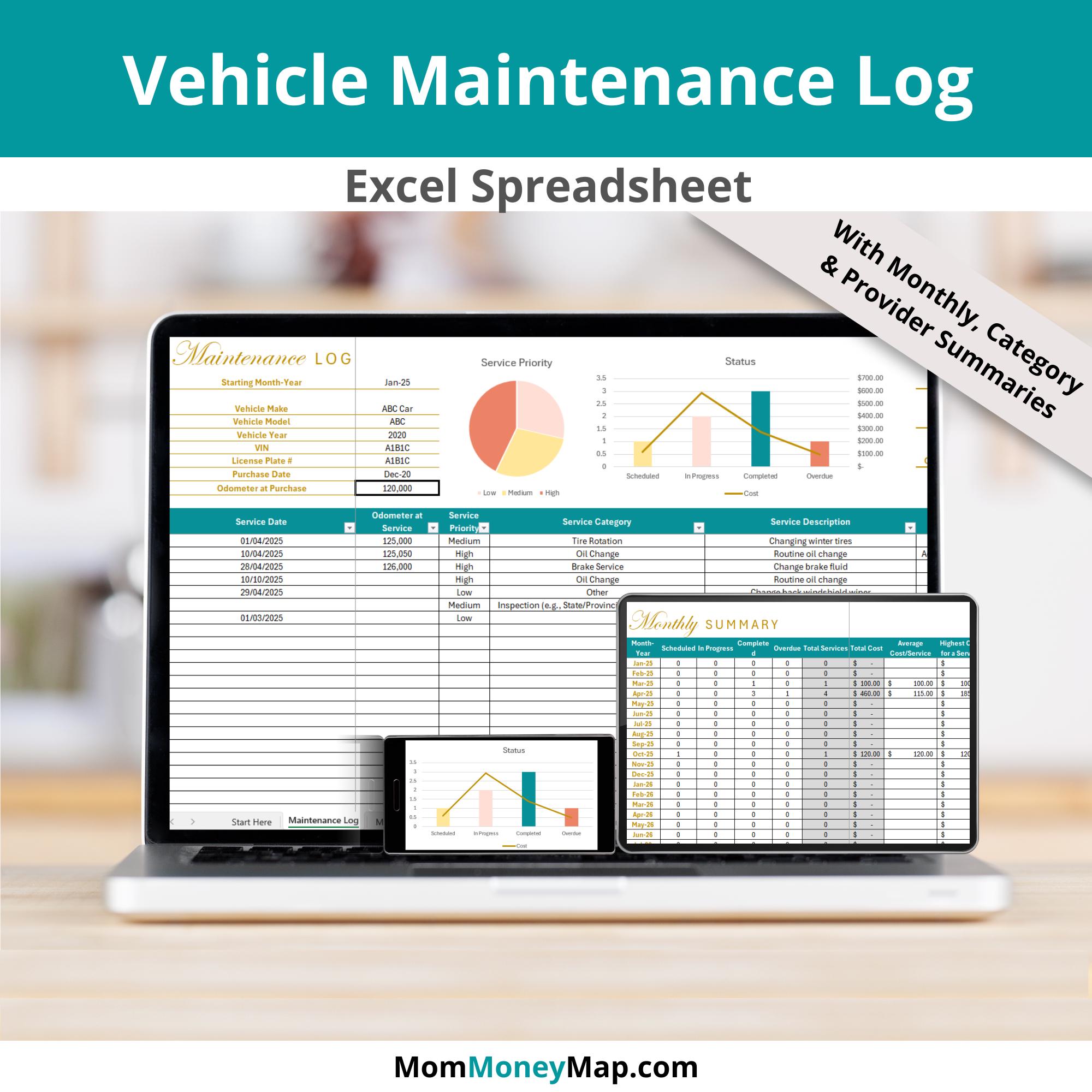 Vehicle Maintenance Log Excel Spreadsheet With Monthly, Category ...