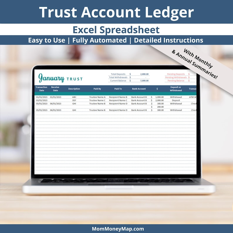 Trust Account Ledger Register With Monthly and Annual Summaries Excel ...