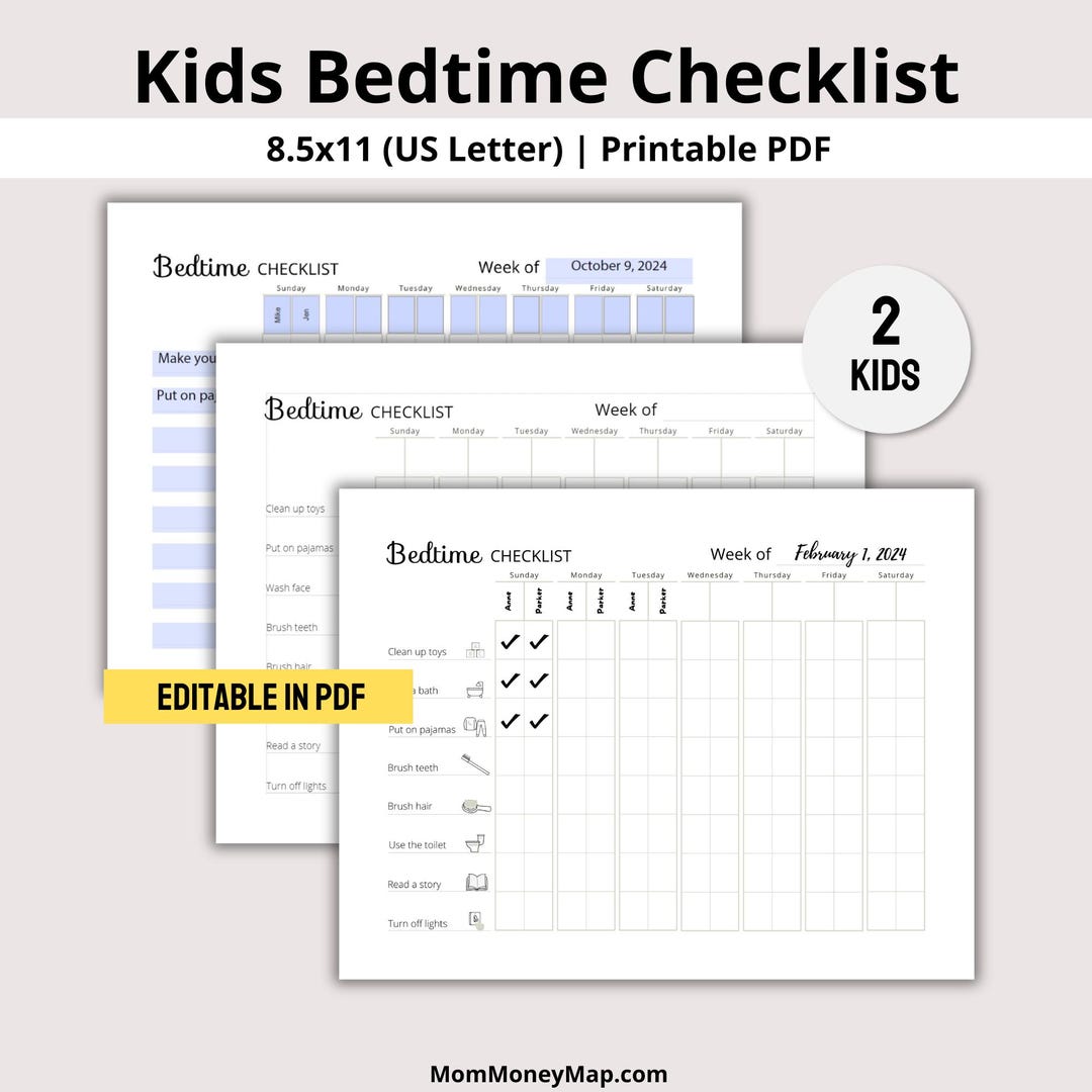 Kids Bedtime Routine Chart Checklist Printable for 2 Kids, Evening ...
