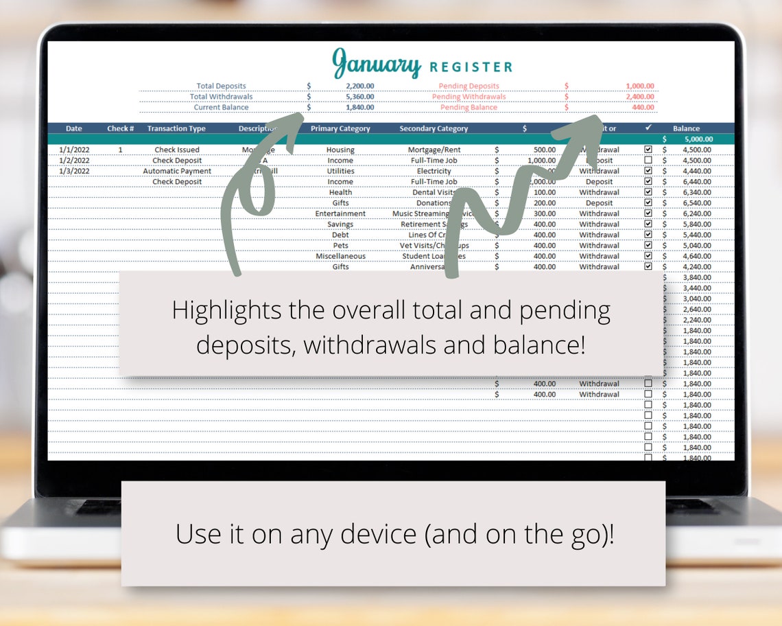 Checkbook Register With Monthly and Annual Summaries Excel Spreadsheet ...
