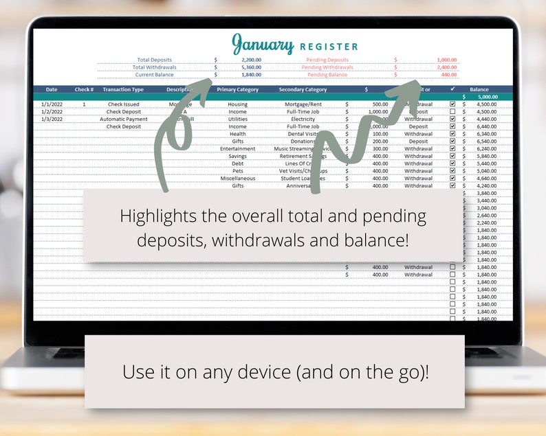 Checkbook Register With Monthly and Annual Summaries Excel Spreadsheet ...