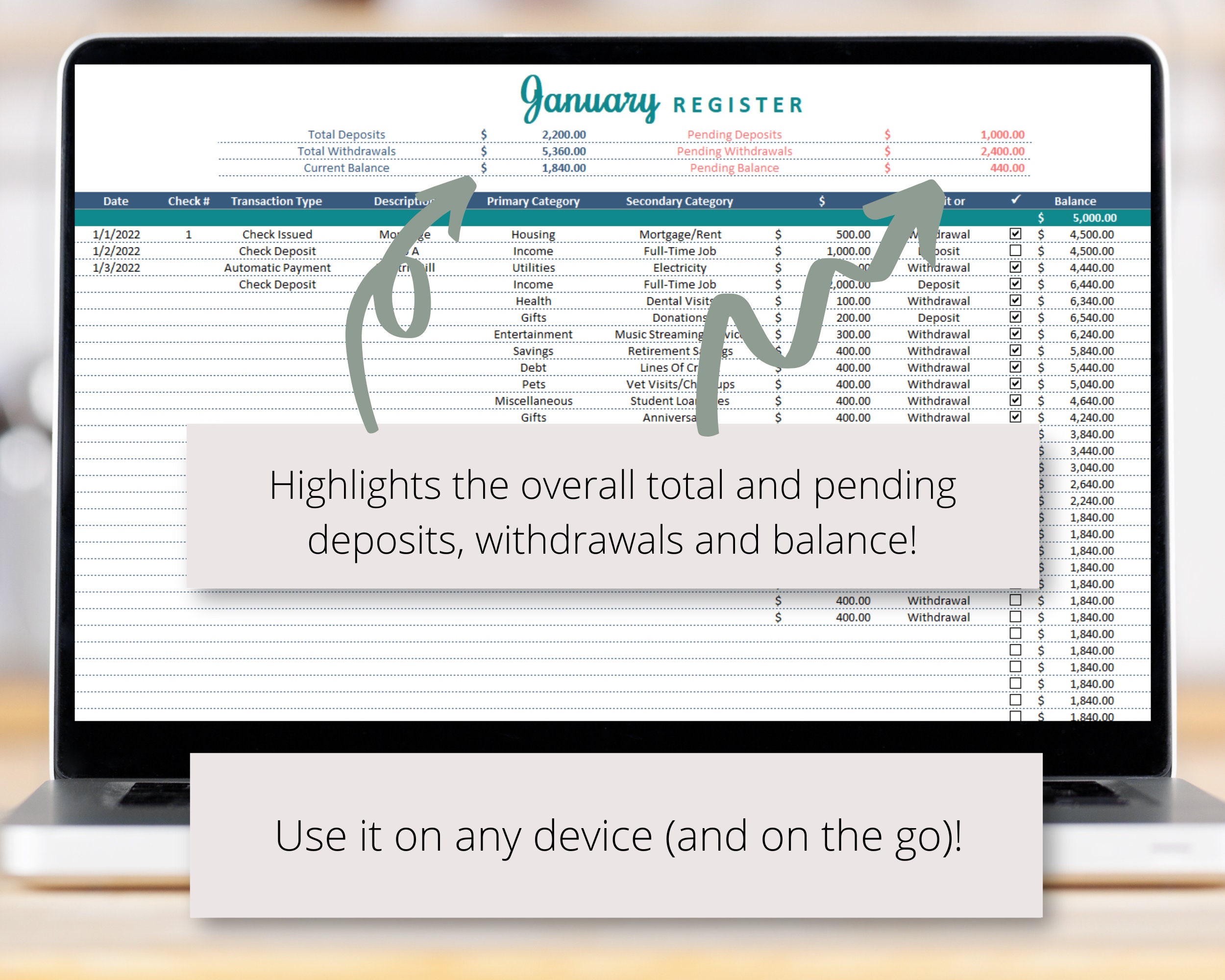 Checkbook Register With Monthly and Annual Summaries Excel Spreadsheet ...