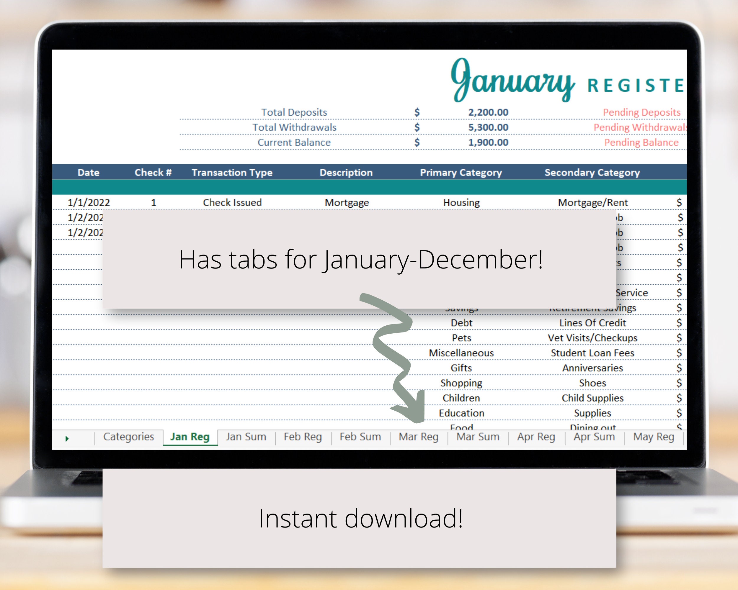 Checkbook Register With Monthly Summaries Excel Spreadsheet Template ...
