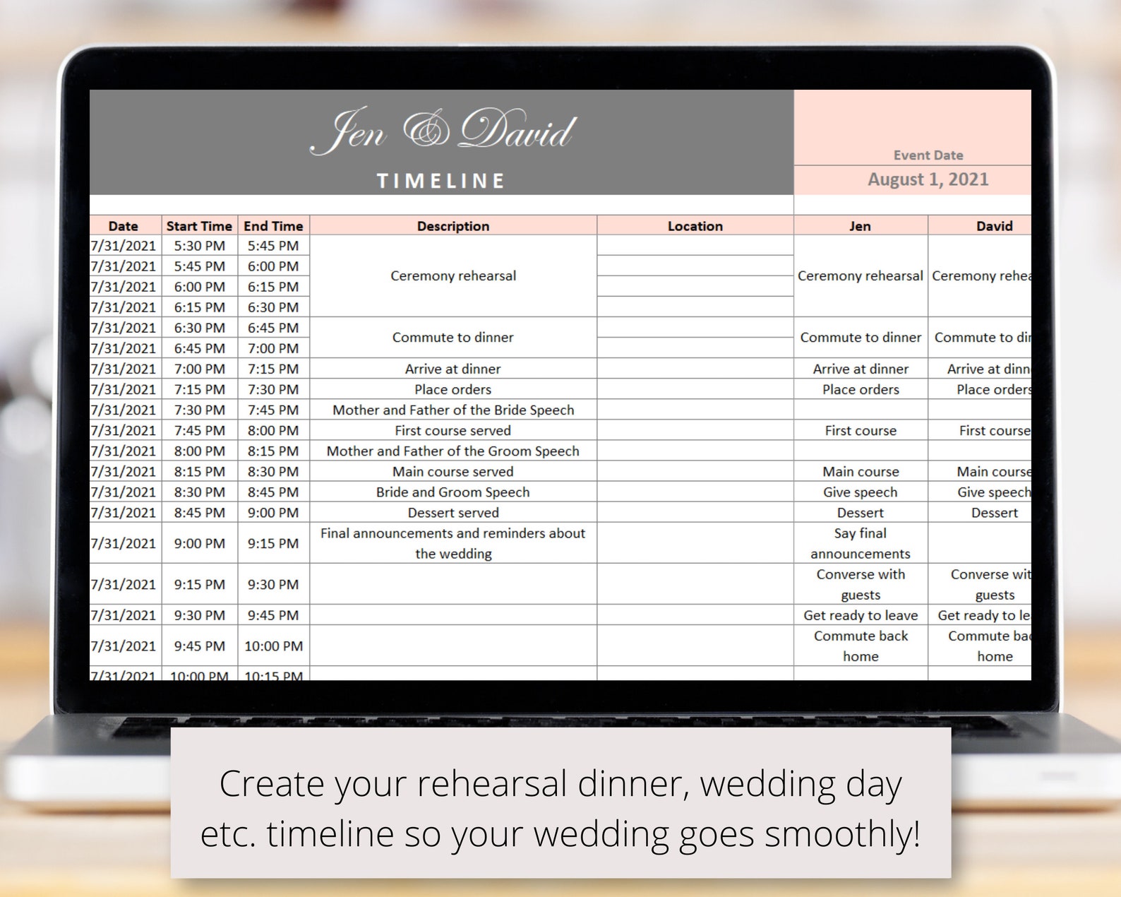 Wedding Event Timeline Excel Spreadsheet Wedding Itinerary - Etsy