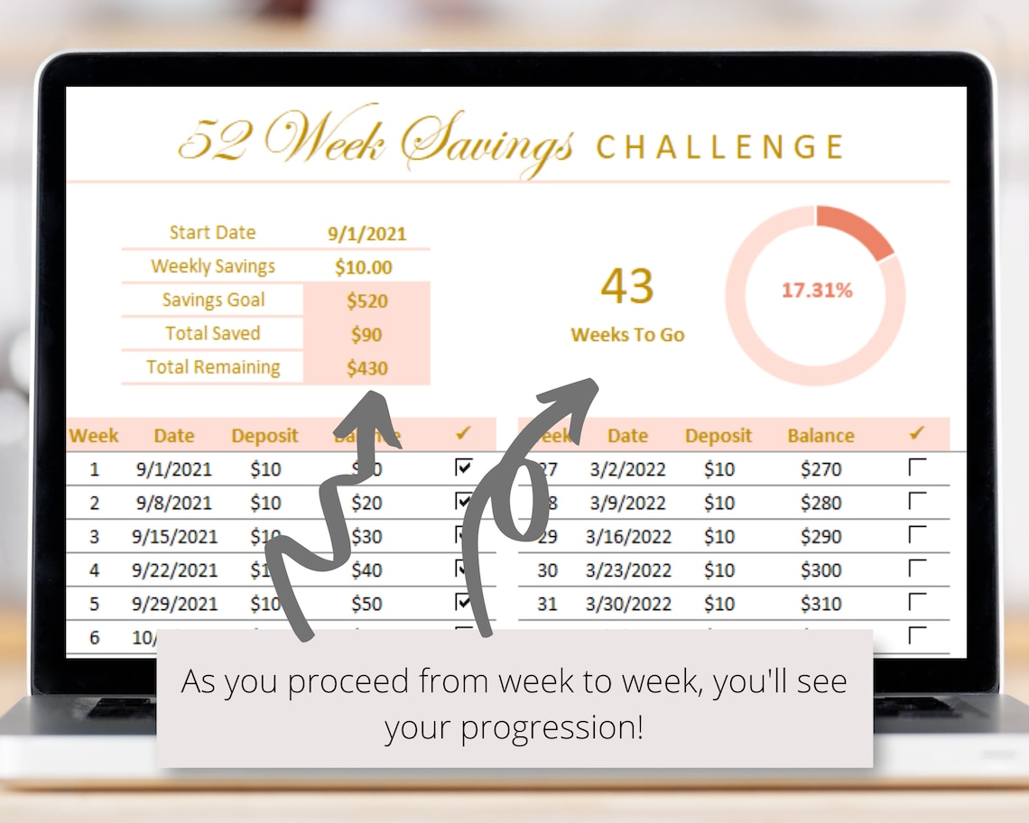 52 Week Savings Challenge Excel Spreadsheet Stay Motivated - Etsy