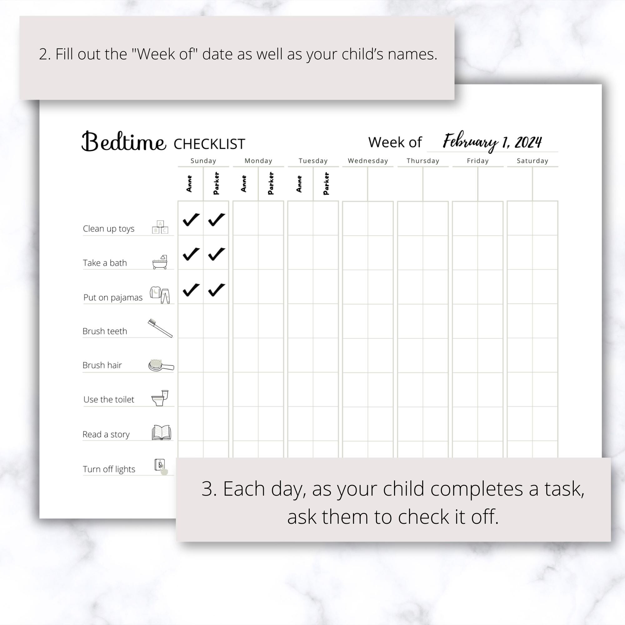 Kids Bedtime Routine Chart Checklist Printable for 2 Kids, Evening ...