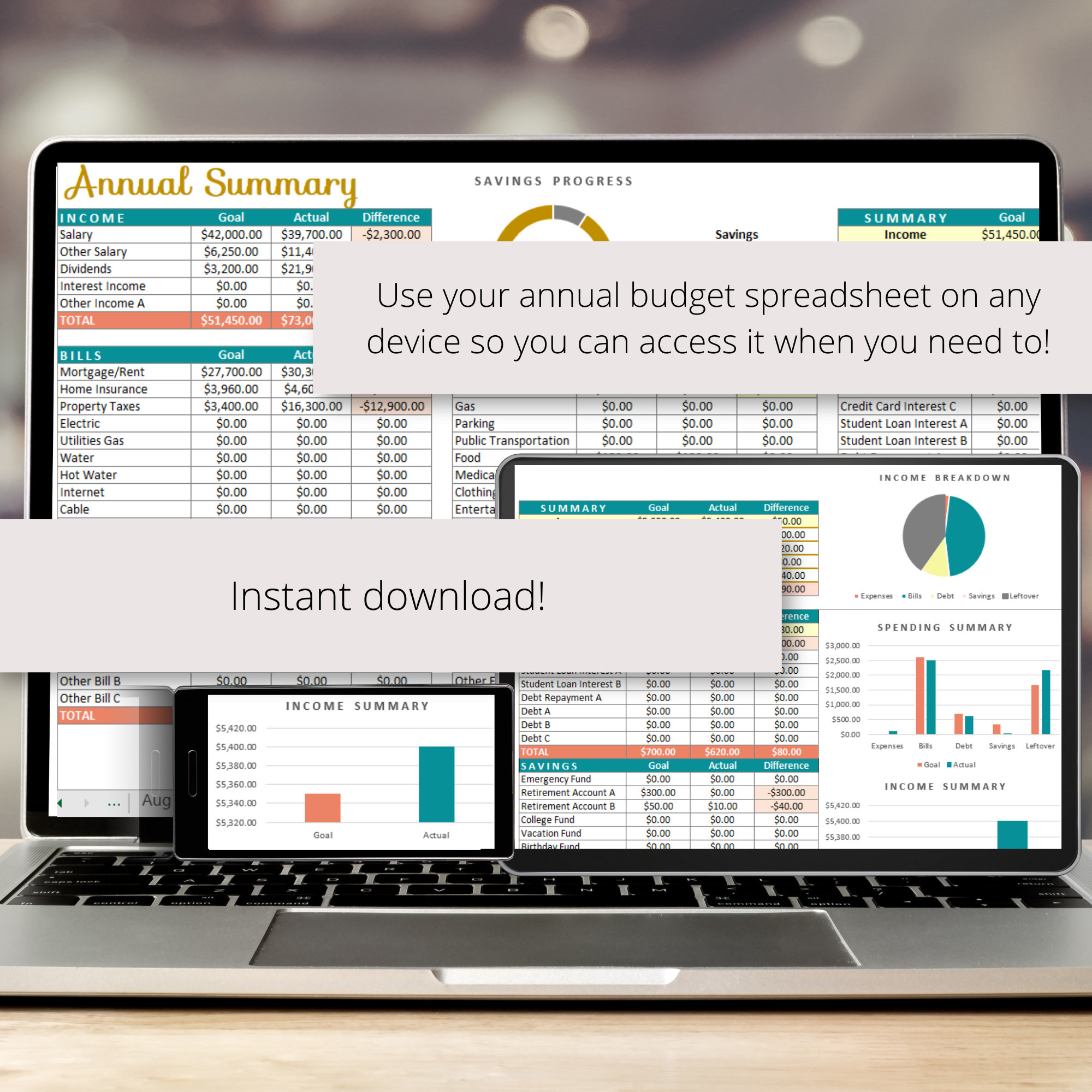 Monthly & Annual Budget Excel Spreadsheet Template, Budget Tracker Bill ...