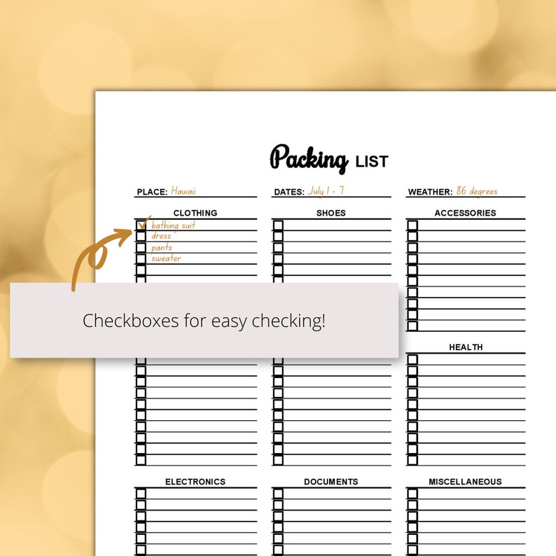 Blank Packing List Printable PDF for Travel, Editable Vacation Packing ...