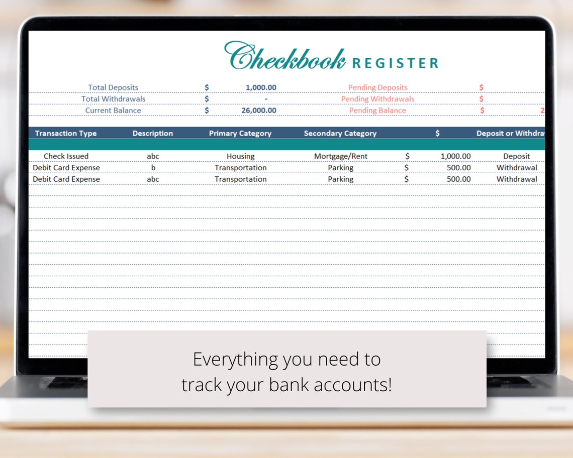 Checkbook Register Excel Spreadsheet Template Track Your - Etsy