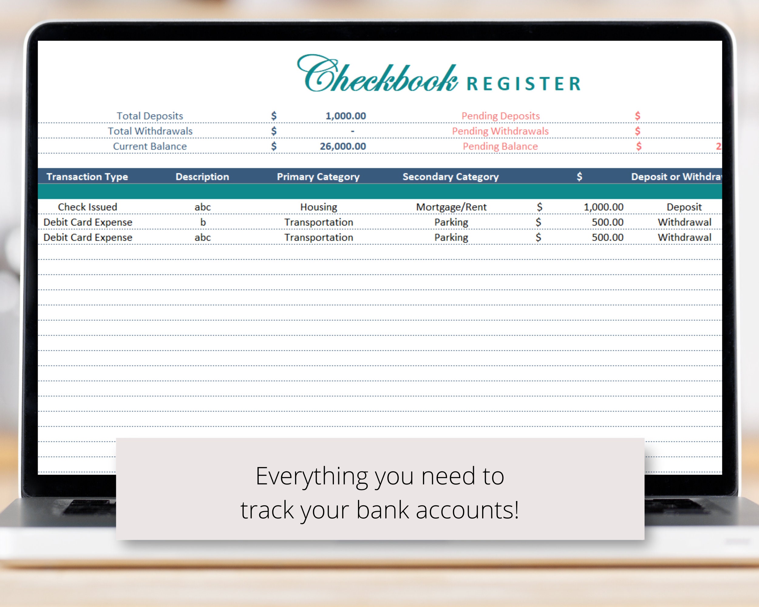 Checkbook Register Excel Spreadsheet Template | Track Your Bank ...