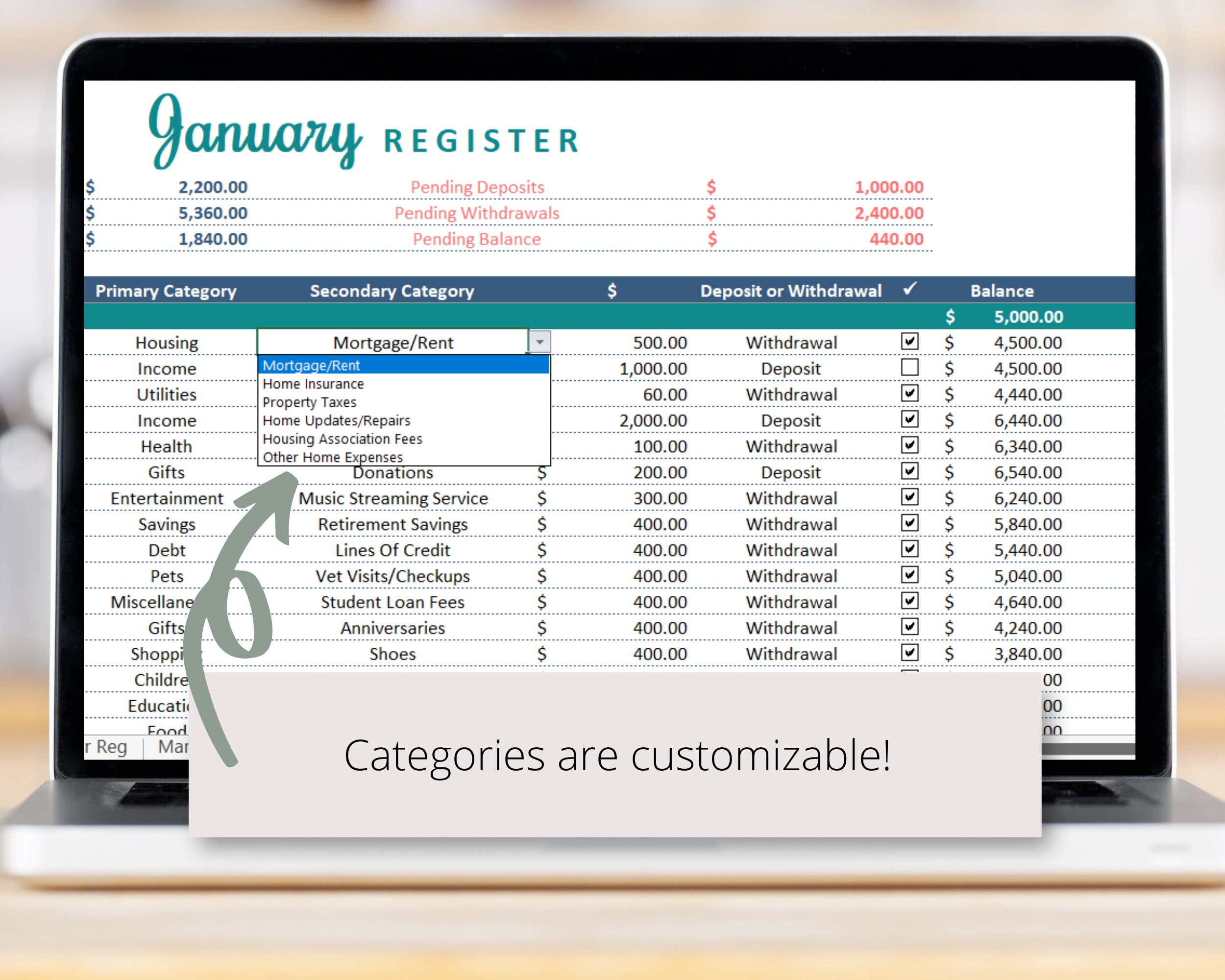 Checkbook Register With Monthly and Annual Summaries Excel Spreadsheet ...