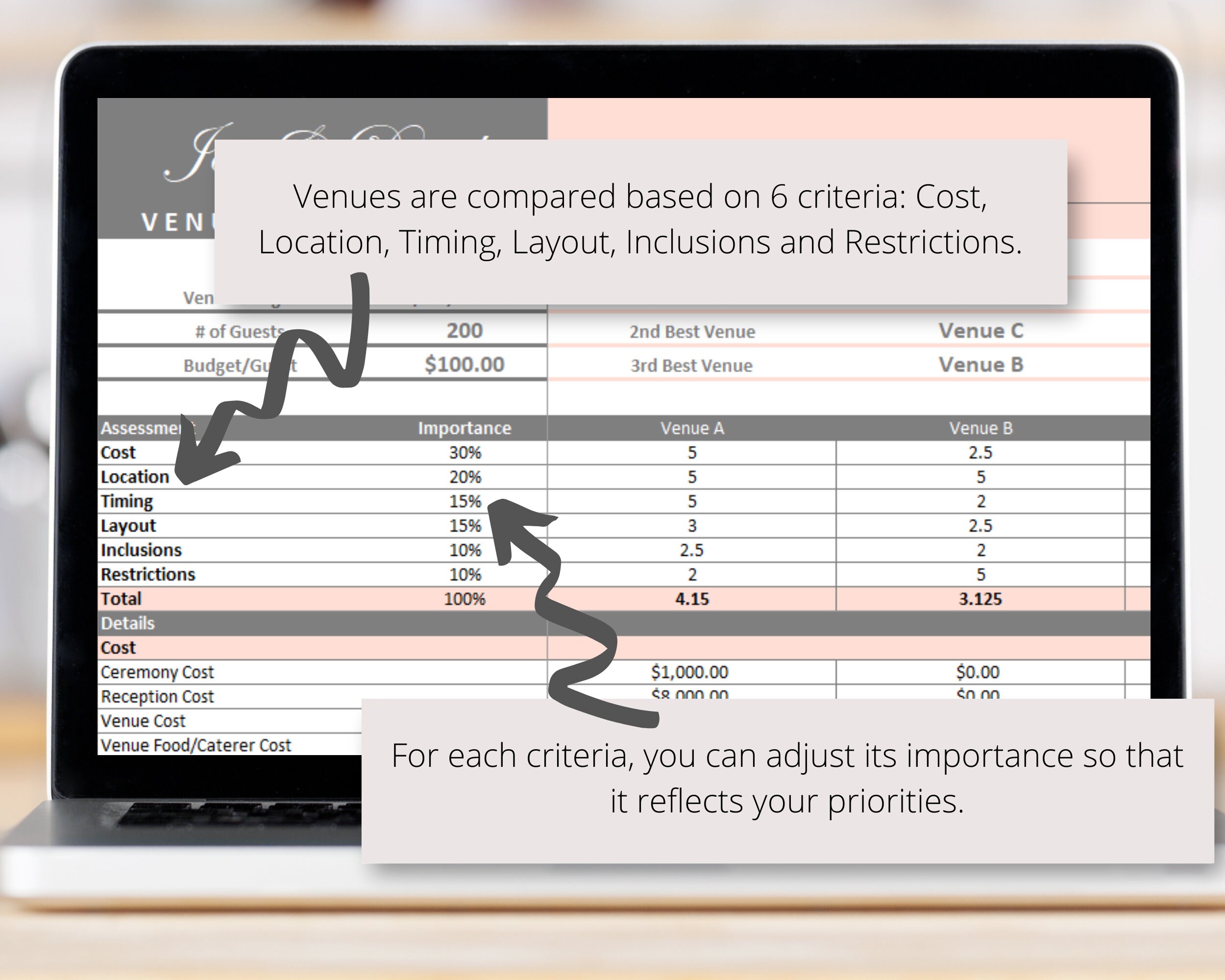 Wedding Venue Comparison Excel Spreadsheet Compare Wedding - Etsy