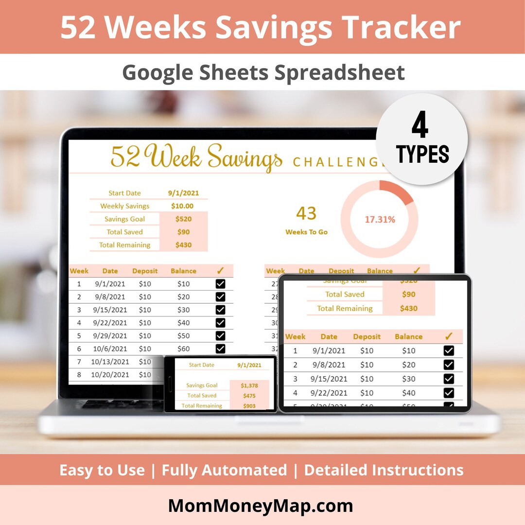 52 Week Savings Challenge Google Sheets Template | Stay Motivated to ...
