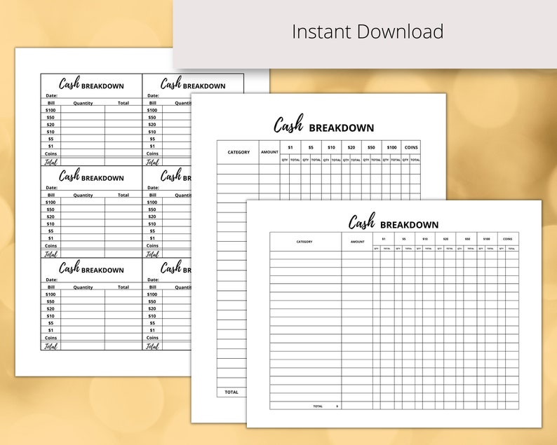 Cash Breakdown Slip and Sheet Bundle Printable PDF, Bank Teller Cash ...