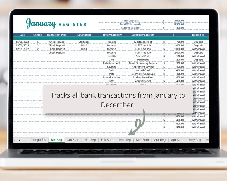 Bank Transactions Register With Monthly & Annual Summaries Excel ...