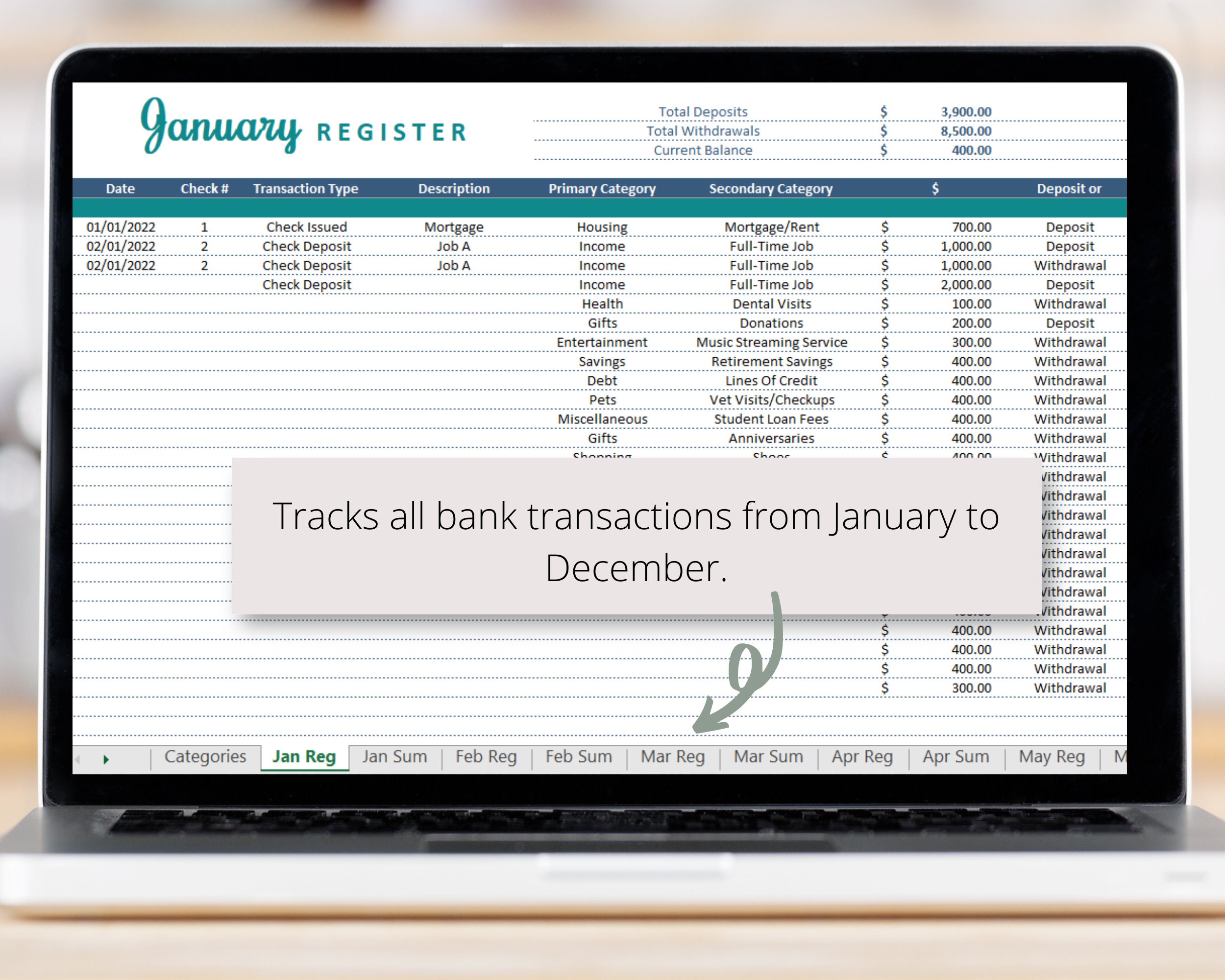 Bank Transactions Register With Monthly & Annual Summaries Excel ...